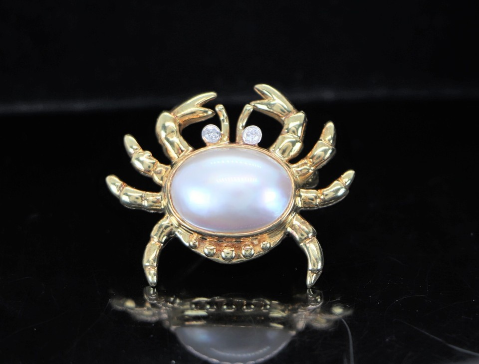 $2,050 14k Yellow Gold Bezel Round Diamond Crab Cancer Mabe Pearl Pin ...