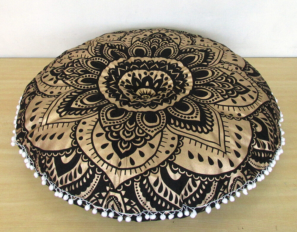 Indian Handmade Round Cushion Cover Black Gold Floor Pillow Cover Home ...