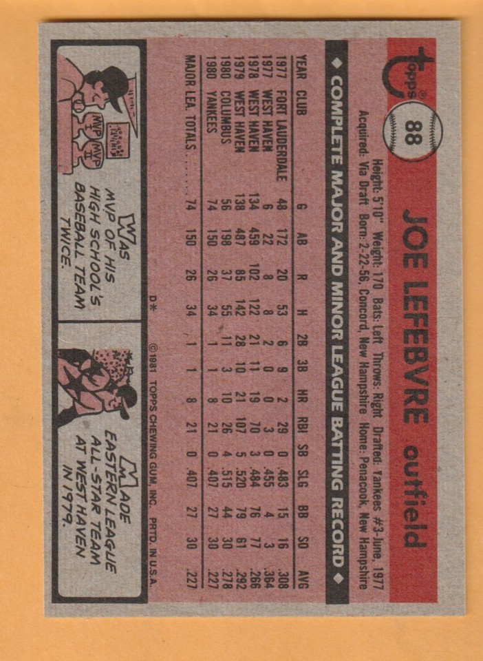 Joe Lefebvre New York Yankees AUTO Signed 1981 Topps Concord New ...