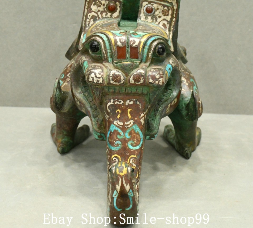 13" Old China Pure Bronze Gold Silver Inlay Turquoise Phoenix Bird ...