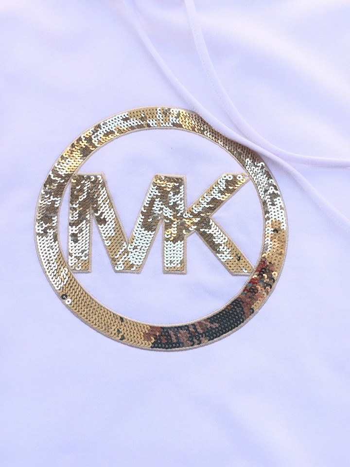 MICHAEL KORS WOMENS WHITE HOODIE SWEATSHIRT MK LOGO GOLD SEQUINS NEW SZ ...