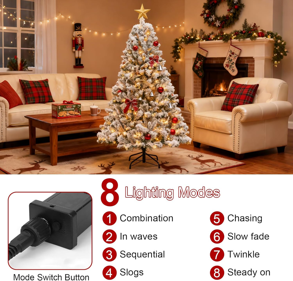 Snow Flocked Artificial Christmas Tree, 1.8M Xmas Tree with 250 Warm ...