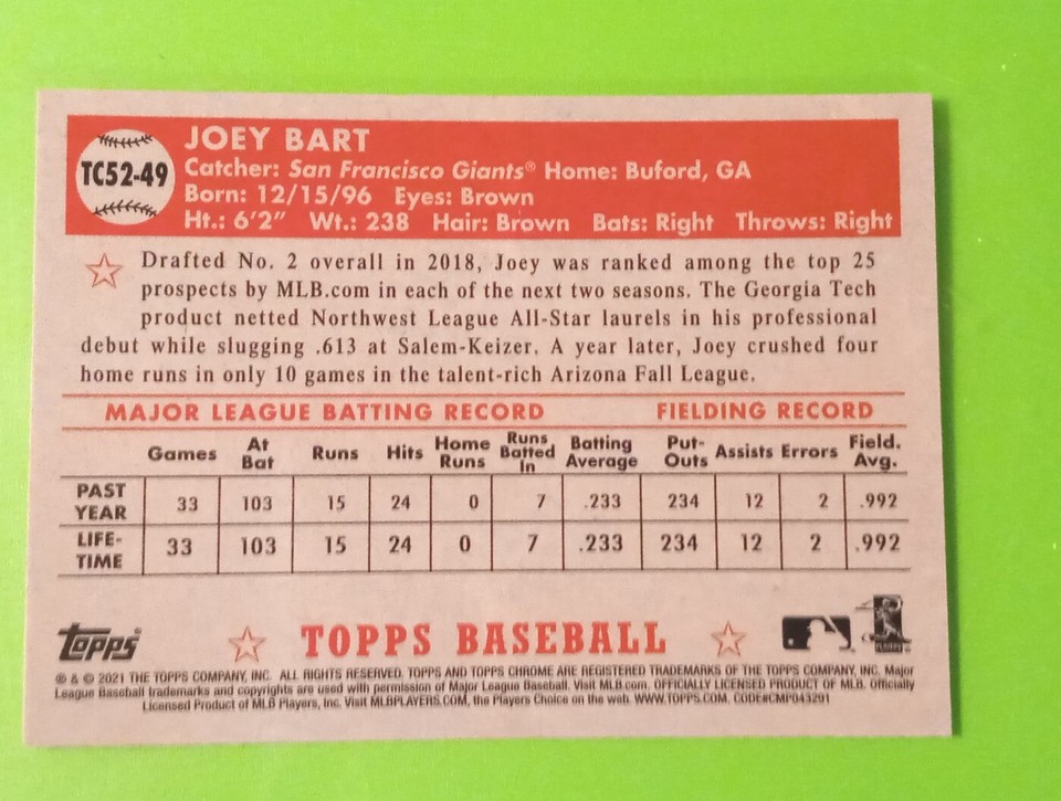 2021 Topps Chrome Joey Bart 1952 Topps Redux Refractor RC Rookie Card # ...