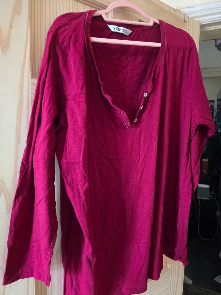 YOURS Clothing Curve Red Long Sleeve Placket Pyjama Top Size 26/28 ...
