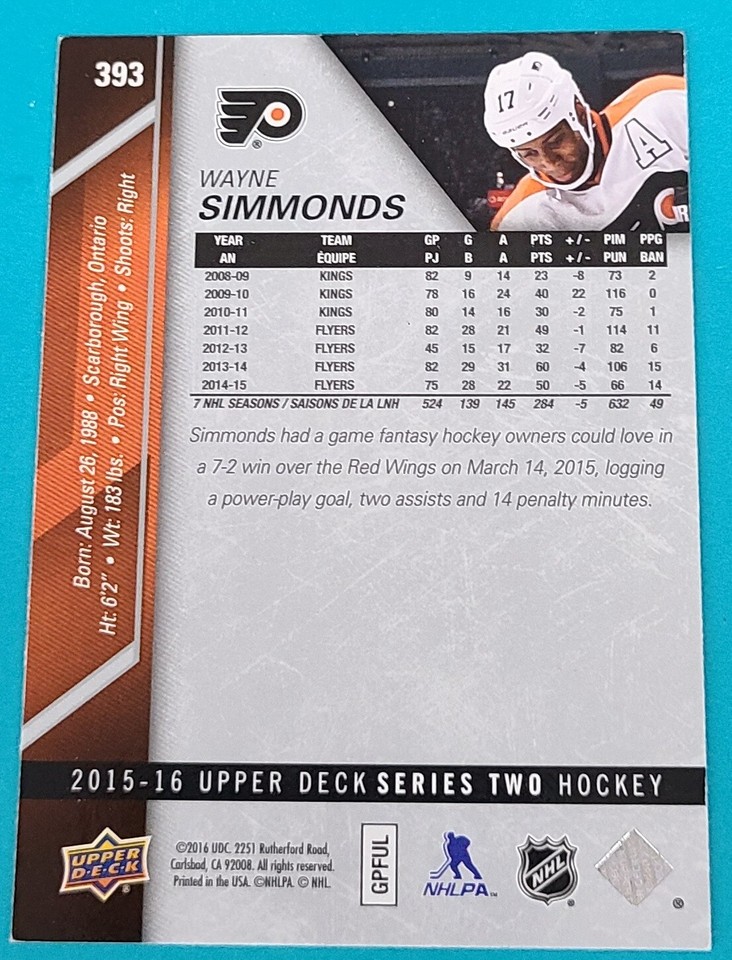 2015 Upper Deck #393 Wayne Simmonds Philadelphia Flyers Hockey Card W5 ...