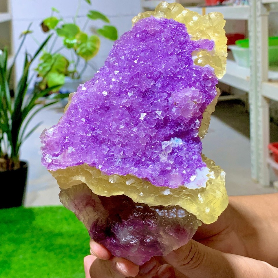 2.1LB Rare yellow purple cubic fluorite mineral crystal sample/Zhejiang ...