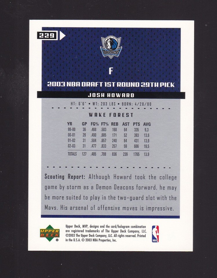 2003-04 Upper Deck MVP Josh Howard Rookie #229 Dallas Mavericks | eBay