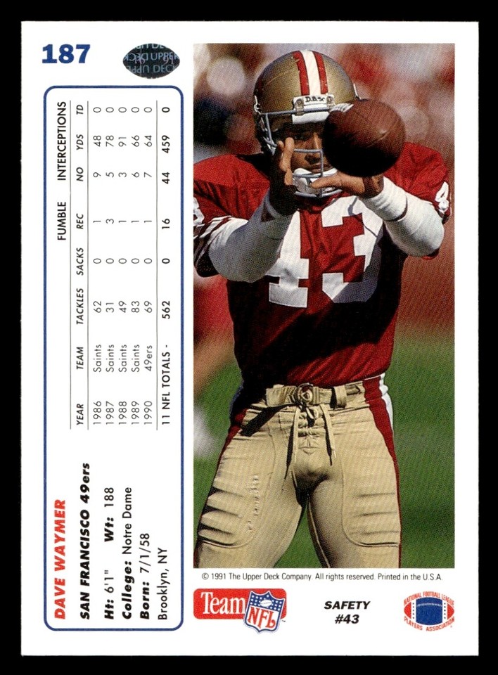 1991 Upper Deck Dave Waymer #187 San Francisco 49ers | eBay