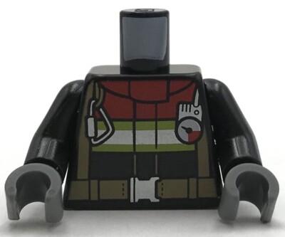 Lego New Black Minifg Torso Fire Jacket Red Collar Reflective Fireman ...