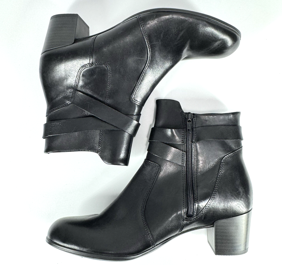 ECCO Women’s Shape 35 Ankle Boots Leather 8-8.5 EU39 Black Zip Block ...