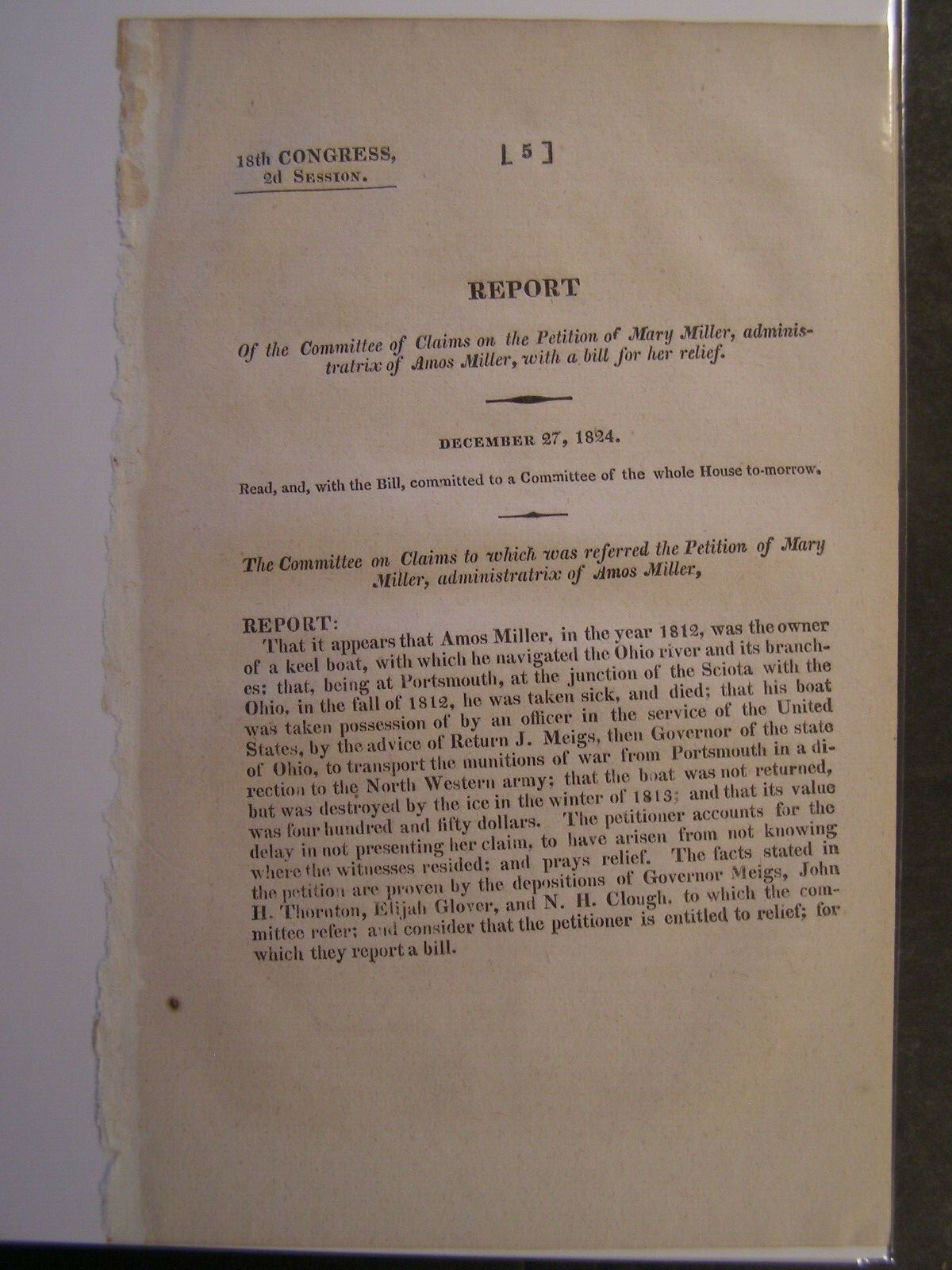 Government Report 1824 Amos Miller War of 1812 Owner Keel Boat Ohio ...