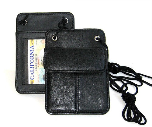 Black Leather ID Badge Card Holder Wallet Neck Strap Travel Work ...