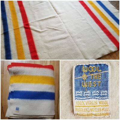 Antique WOOL O' THE WEST Portland Woolen Mills 100% VIRGIN Cream w ...