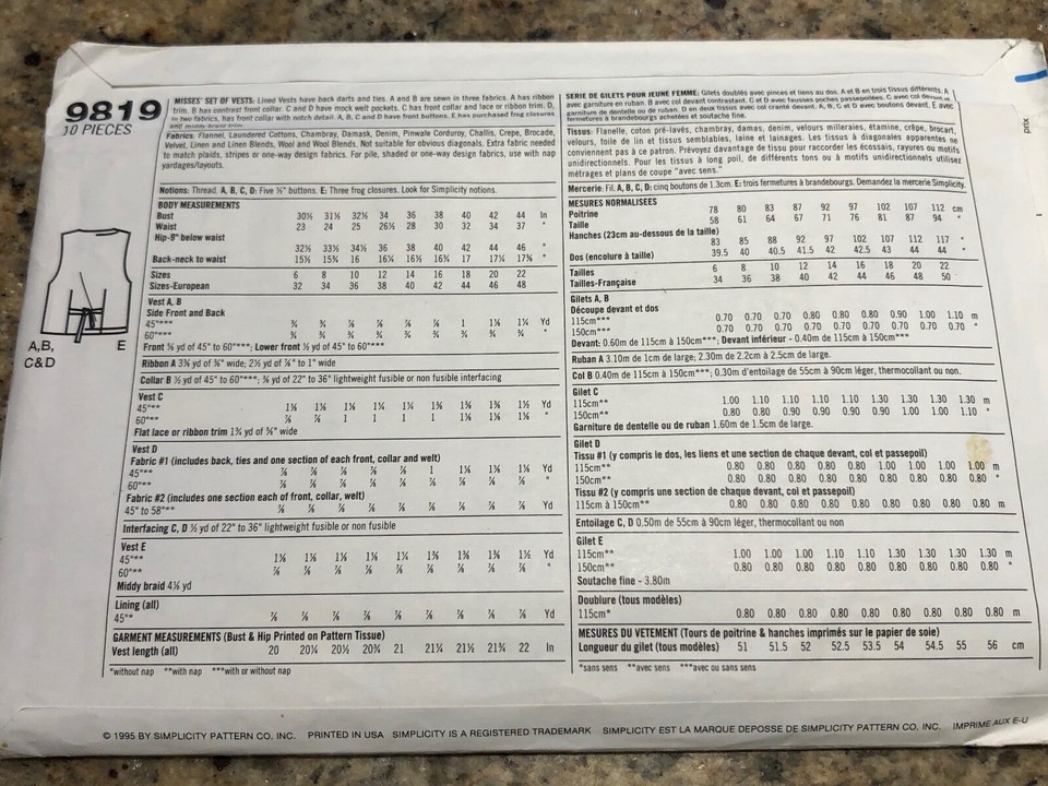 🌷SIMPLICITY #9819 - LADIES ( 5 STYLE ) VEST w/BACK TIE PATTERN 6-10 / ...