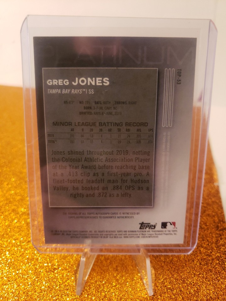 Greg Jones 2020 Topps Bowman Platinum Prospect Autograph Auto TOP-53 ...