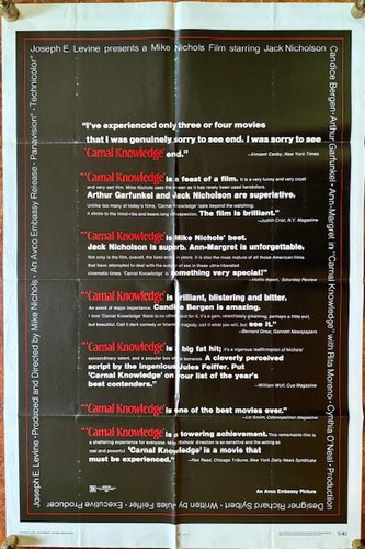 Vtg Original 1971 "Carnal Knowledge" One Sheet Movie Poster 27X41 Jack ...