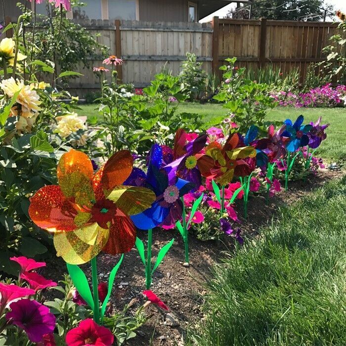 8 pk 8" Mylar FLOWER SPARKLE PINWHEELS with LEAVES Ground Wind Spinner ...