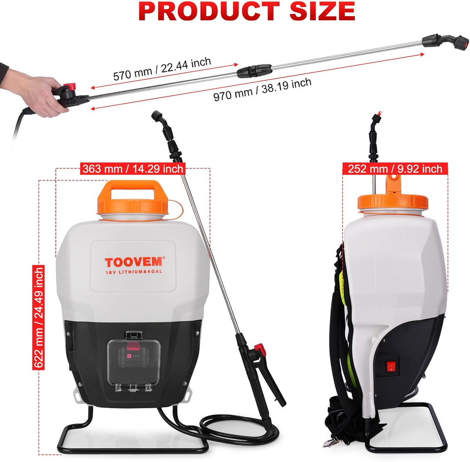 Toovem 4 Gallon Electric Backpack Sprayer with 18V Battery & 4 Nozzles ...