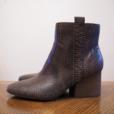 New KORKS Leyland Brown Leather Snakeskin Print Stacked Med Heel Boots ...