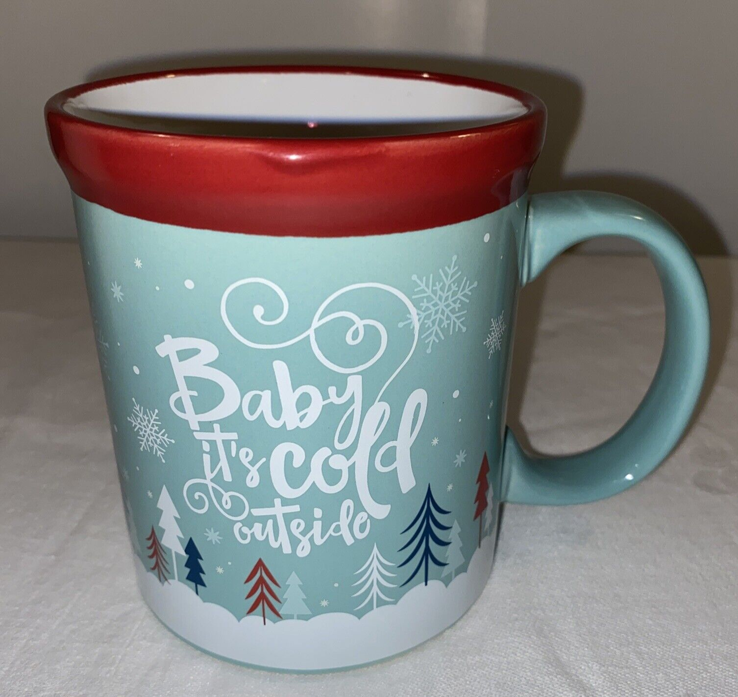 Baby it's Cold Outside Mug Winter Snowflakes Pine Trees Mint Green ...