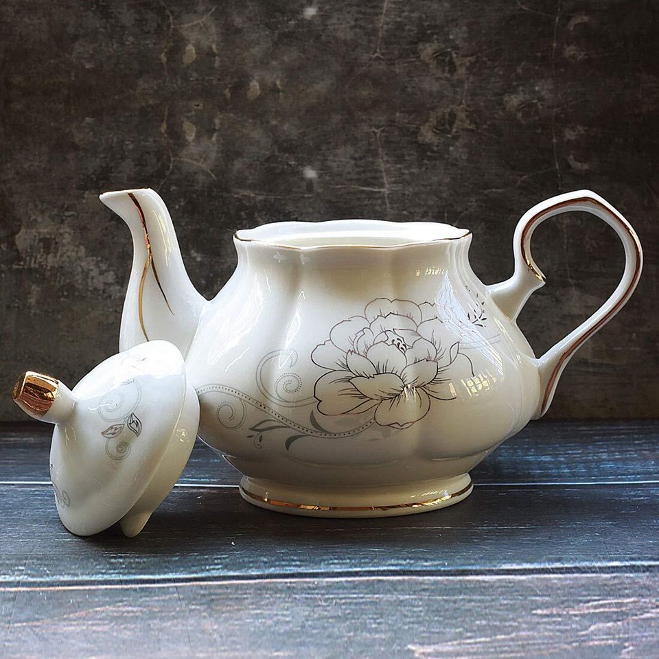 Ceramic Tea pot Floral Design White 855ml About 4 Cups Gold | eBay