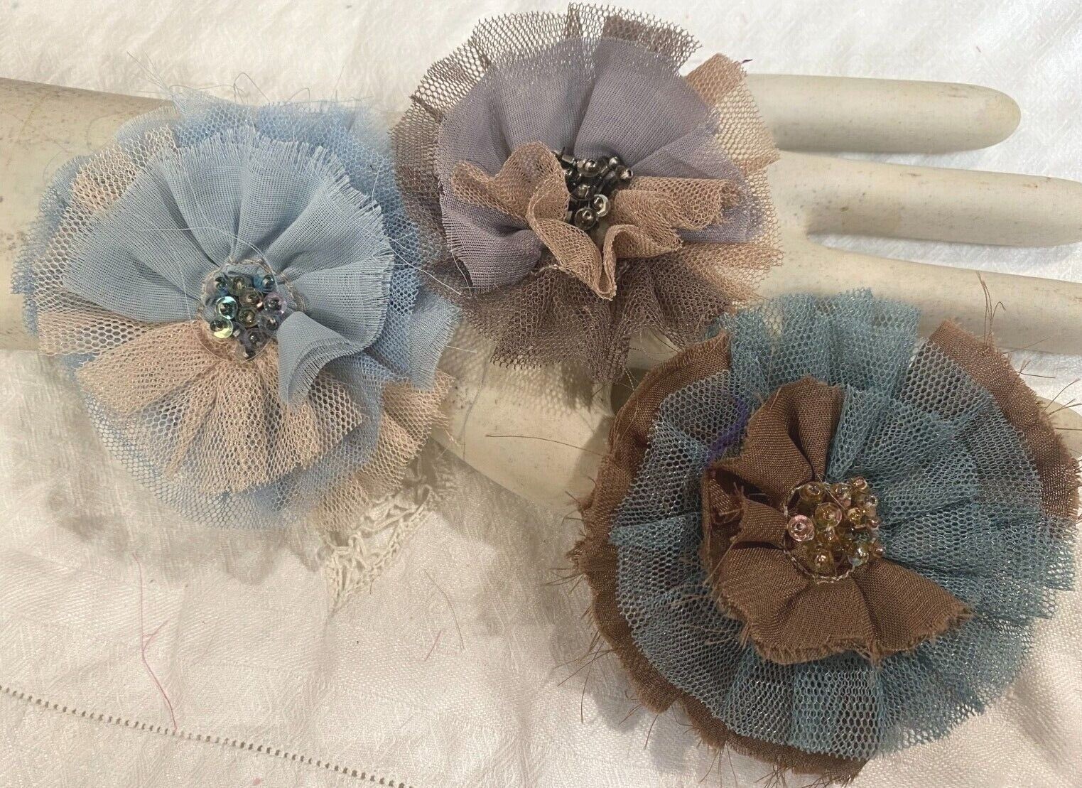 vintage applique boho flower layered netting beads hand sewn 3.5 ...