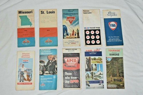 10 Vintage FOLDING MAPS Amoco Exxon Apco Conoco Fina Mobil OIL GAS MO ...