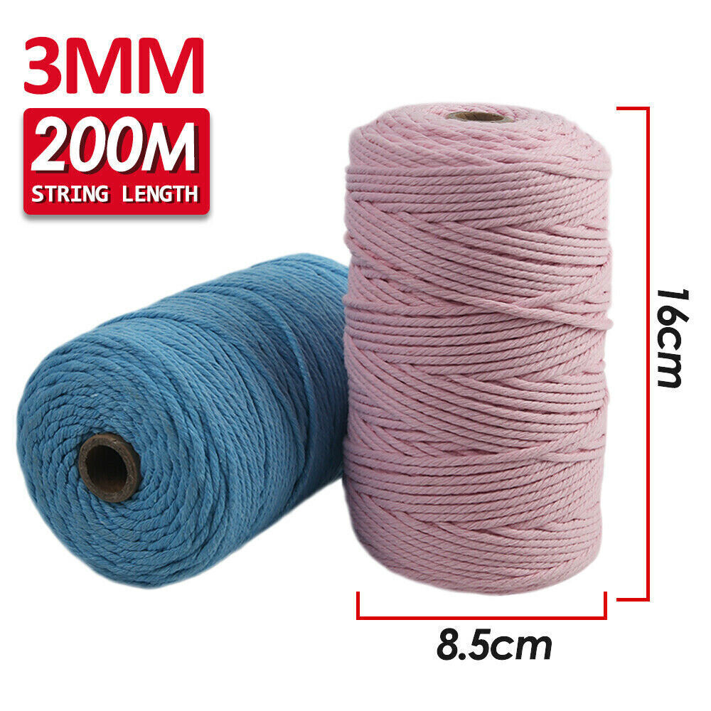 3mm 200M Natural Cotton Twisted Cord Craft Macrame Artisan Rope Weaving ...