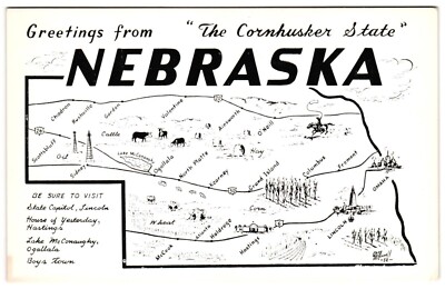 Nebraska State Map Cornhuskers State Highways Towns Unposted Postcard ...