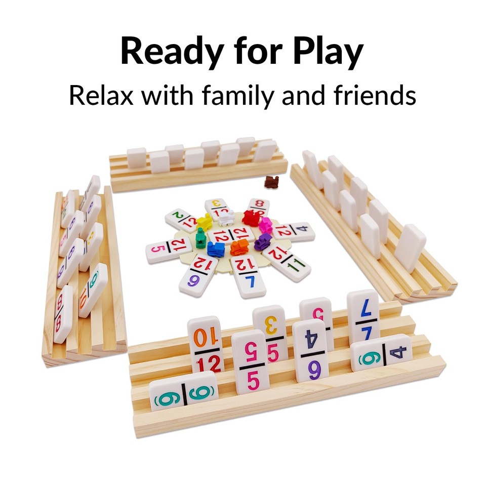 Mexican Train Dominoes Set with Numbers and 4 Wooden Trays/Racks Double ...
