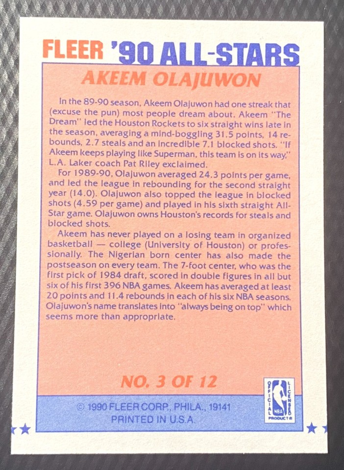 1990 AKEEM "HAKEEM" OLAJUWON Fleer NBA All-Star Insert #3 Rockets HOF ...