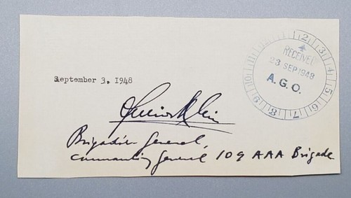 1948 Autograph Brigadier General Commanding General 109 AAA Brigade ...