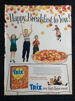 1956 TRIX FRUIT CEREAL 11x14" Print Ad VG+ 4.5 Happy Breakfast to You ...