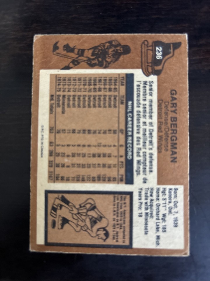 1975-76 O-Pee-Chee OPC #236 Gary Bergman (Rare traded version) | eBay