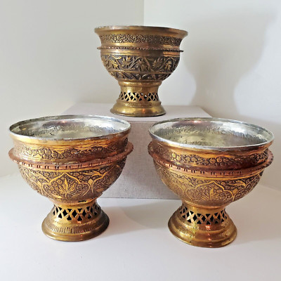 VINTAGE INDIAN KASHMIR COPPER PEDESTAL BOWL SET OF 3 CHINAR CARVED BUEN ...