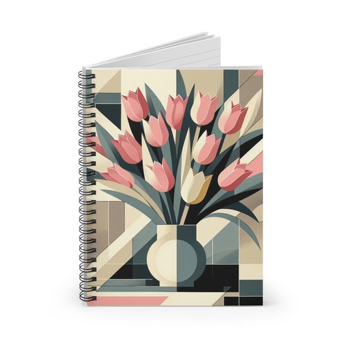 Spiral Notebook Ruled Line Pink and Yellow Tulips in Vase Cubist Style ...