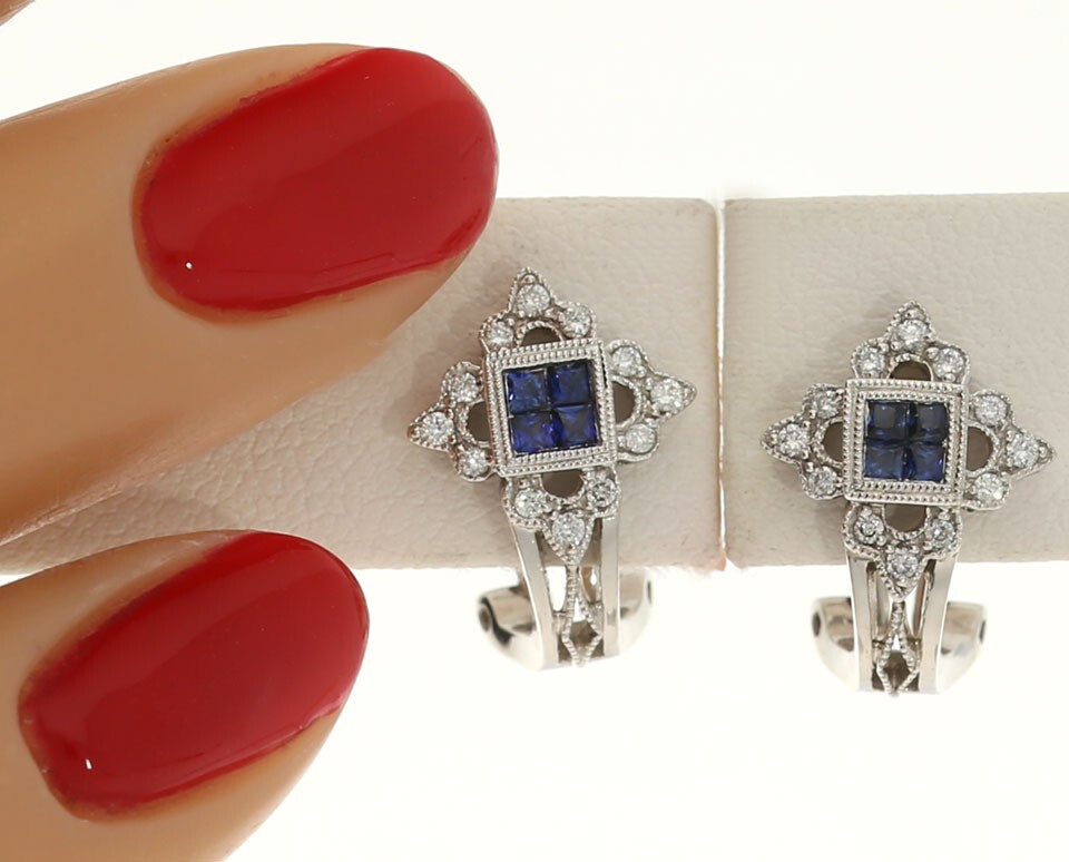 Diamond Sapphire J Hoop Earrings .37CT H Color 18K White Gold 9/16 ...