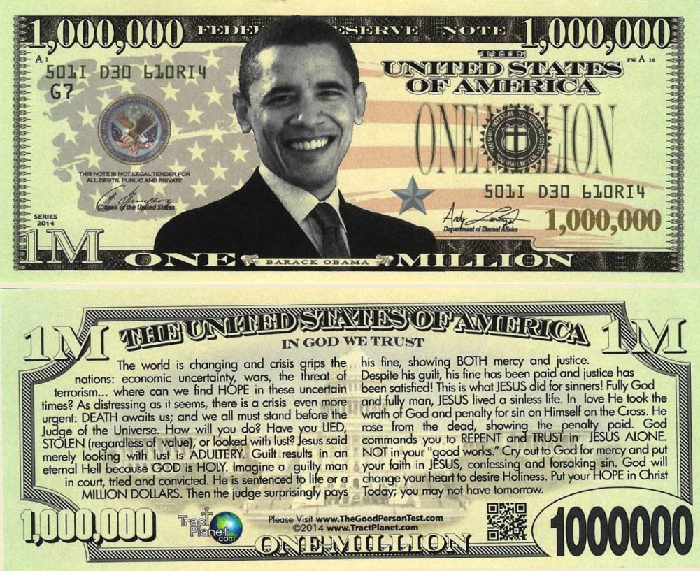 Barack Obama Gospel Tract Million Dollars USA Money Play Fun Gift Bill ...