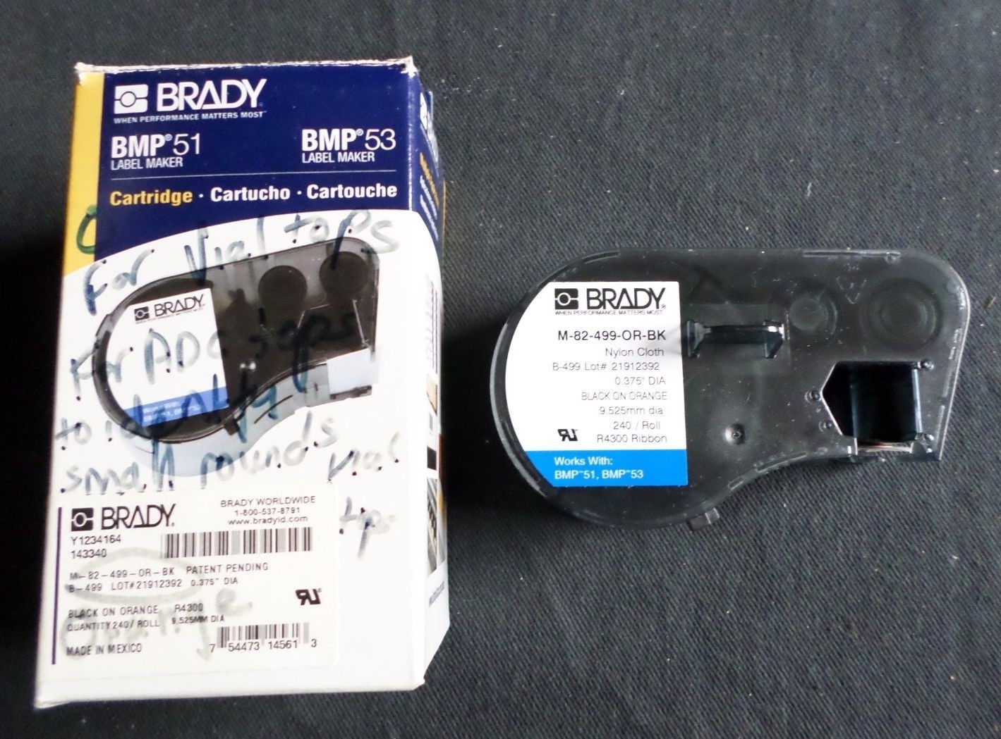 Brady B-499 Nylon Black on Orange Label Maker Cartridge 0.375" D, M-82 ...