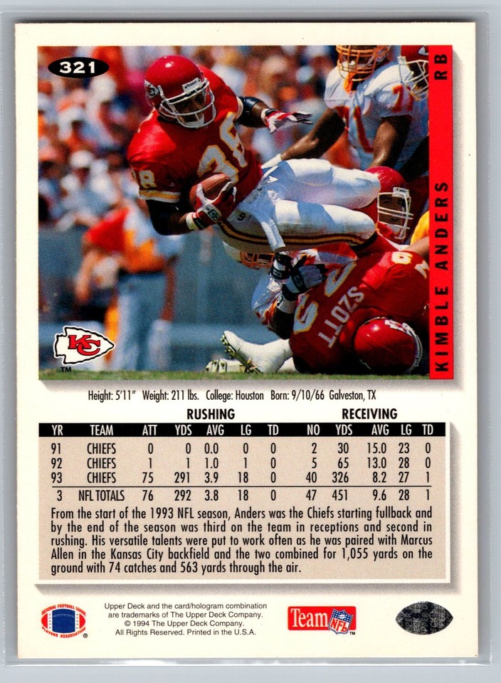 1994 Collector's Choice Football #321 Kimble Anders Kansas City Chiefs ...