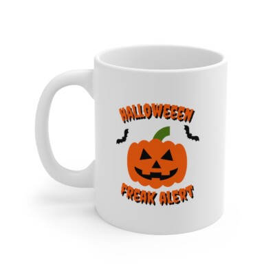 Halloween FREAK ALERT ceramic Mug, White Halloween mug, Spooky mug for ...