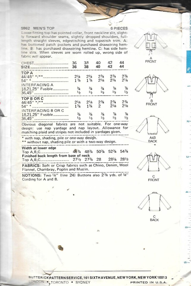 Vintage Butterick #5962 & #5963 Mens' Pullover Tunic - Size 42 | eBay