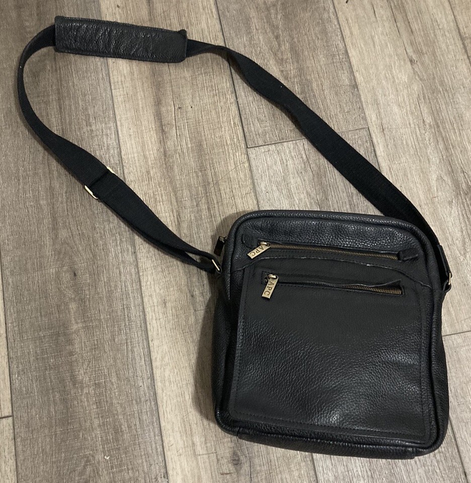 APC messenger black leather shoulder bag 12”crossbody adjustable strap ...