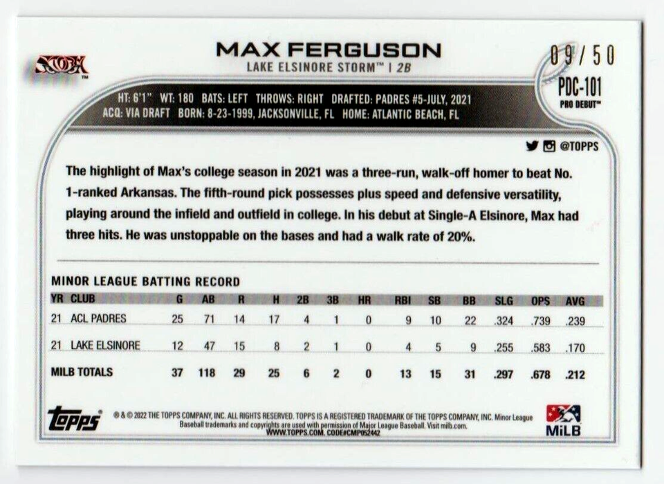 MAX FERGUSON 2022 TOPPS PRO DEBUT CHROME GOLD REFRACTOR 9/50 SP # PDC ...