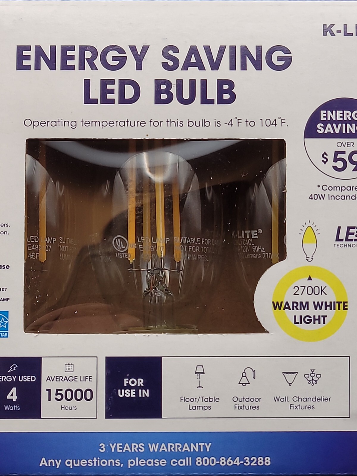 K-LITE LED Candle Bulb 4W (=40 Watt) 2700K 300 Lumen Dimmable 3-pack ...