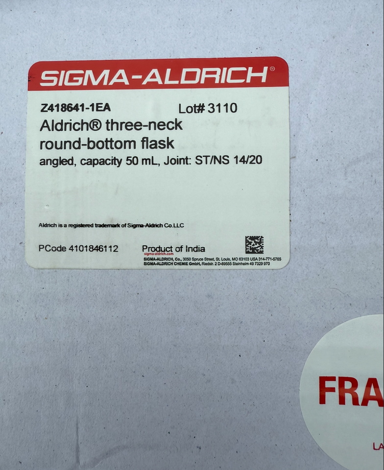 SIGMA-ALDRICH Glass 50mL 14/20 3-Neck Angled Round Bottom Flask -NEW IN ...