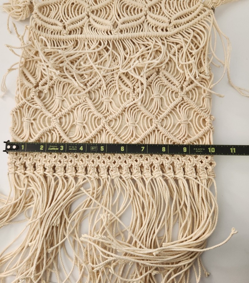 Macrame Crocheted Knitted Crossbody Bag with Fringes Long Strap Ivory ...