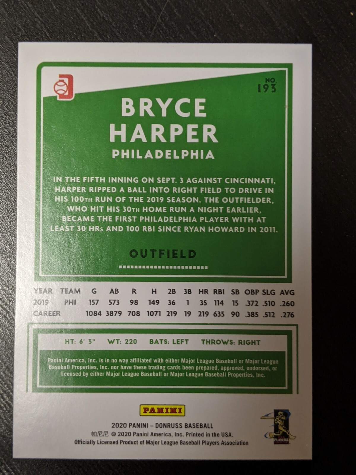 2020 Donruss Bryce Harper Nickname Photo Variation Blue Holo +Base ...