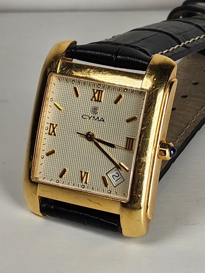 Cyma Men's 14k Solid Gold Rectangular Tank Watch & Date Display Superb ...