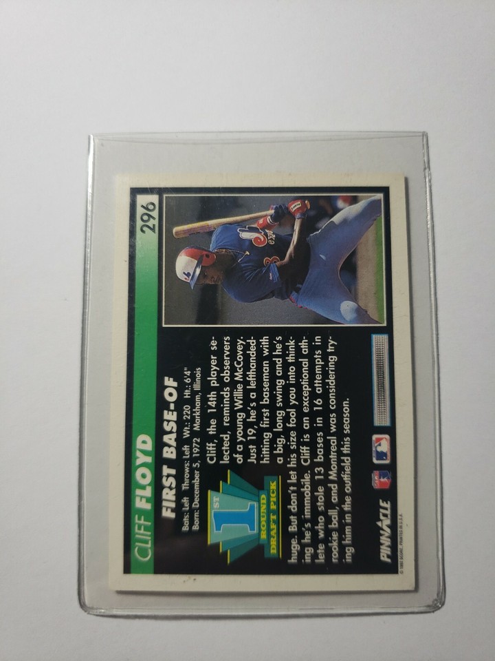 1992 Score Pinnacle Cliff Floyd Montreal Expos Rookie Card #296 Mint ...